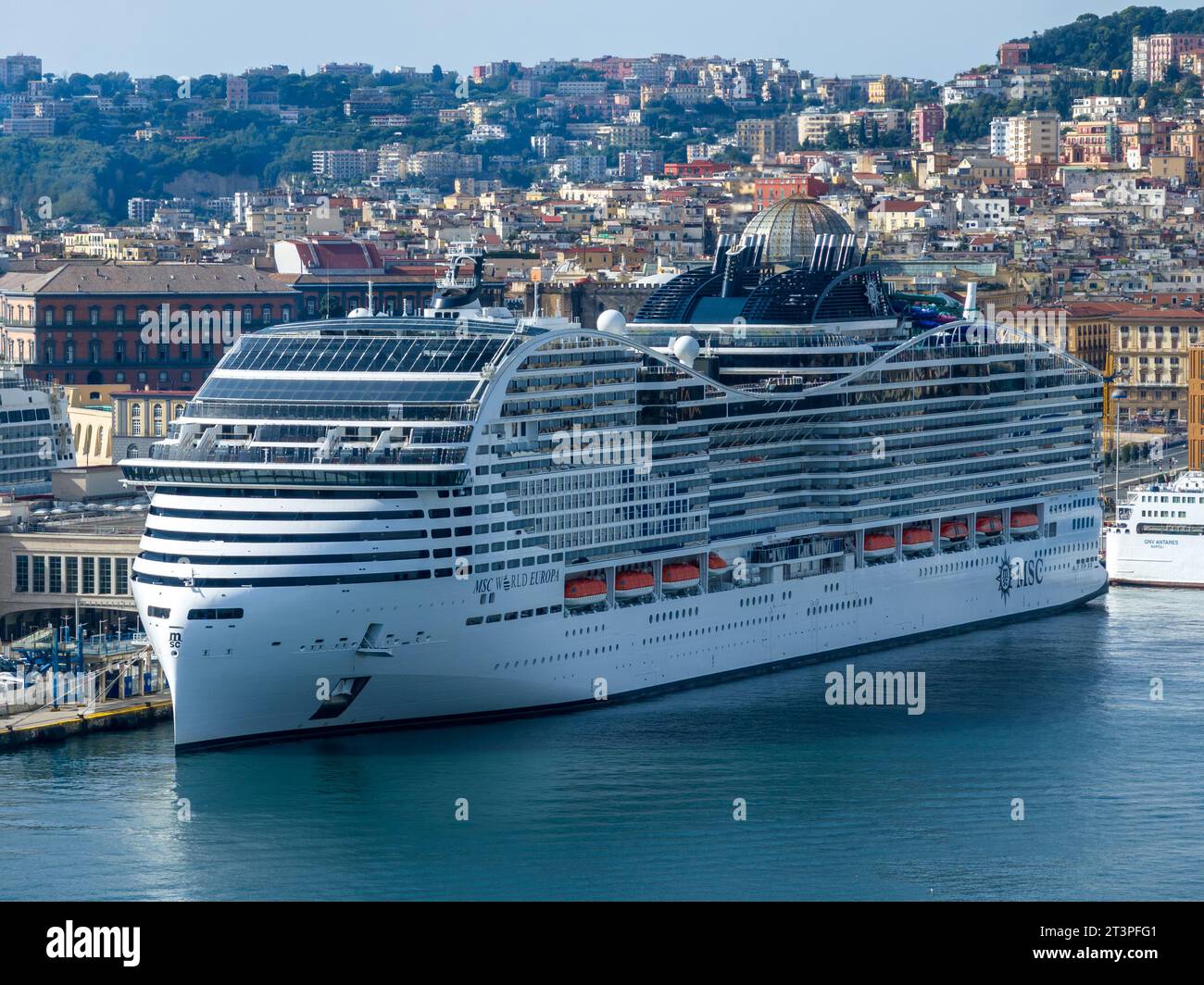 MSC World Europa is a World-class cruise ship delivered for MSC Cruises. Aerial views at Naples ...