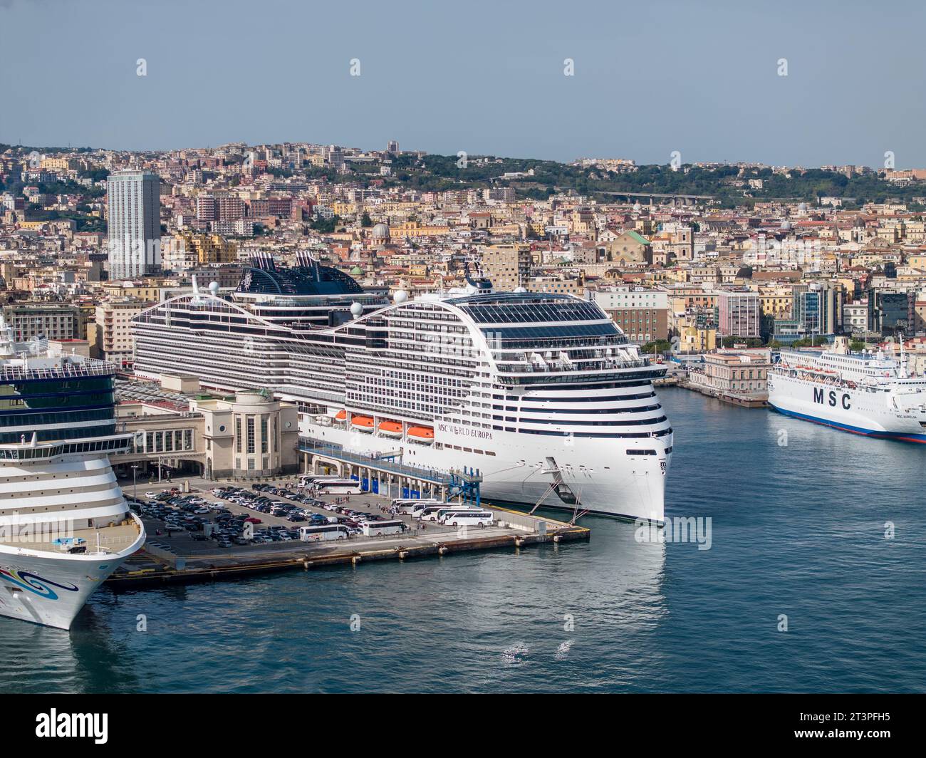 MSC World Europa is a World-class cruise ship delivered for MSC Cruises. Aerial views at Naples ...