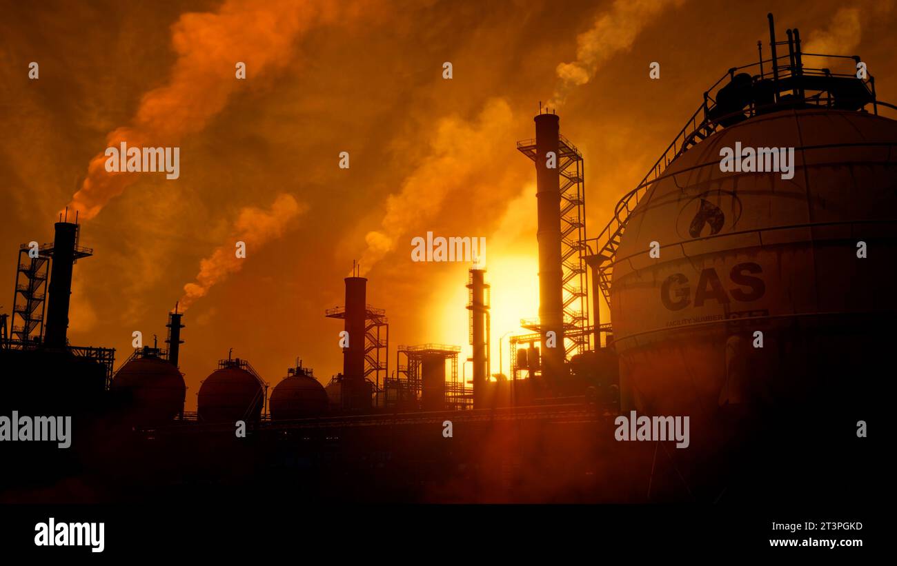 flammable gas or LNG storage tanks on refinery plant at sundown ...