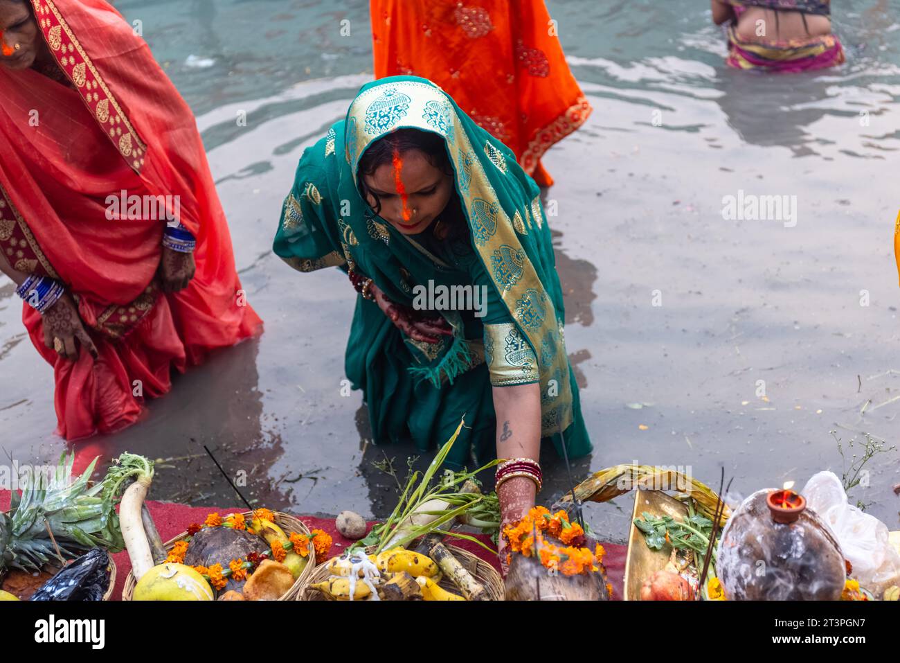 Chhath Puja, Indian hindu female devotee performing rituals of chhath ...