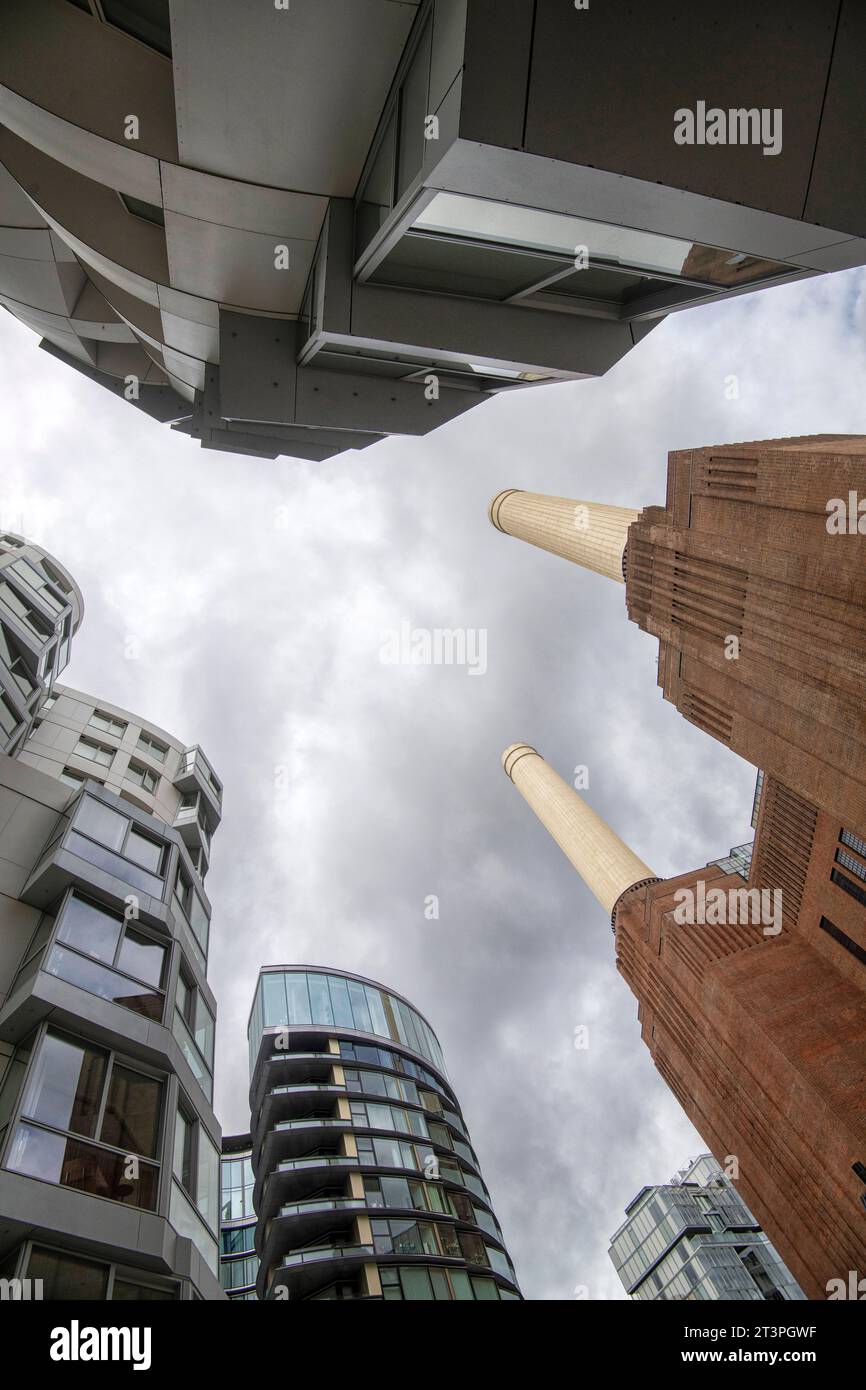 Wide angle looking up at famous chimneys at the new Battersea Power ...