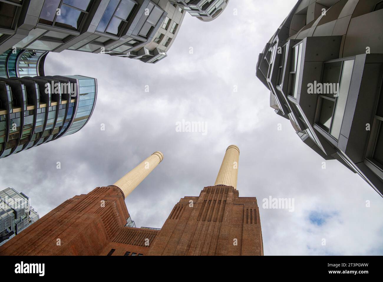 Wide angle looking up at famous chimneys at the new Battersea Power ...