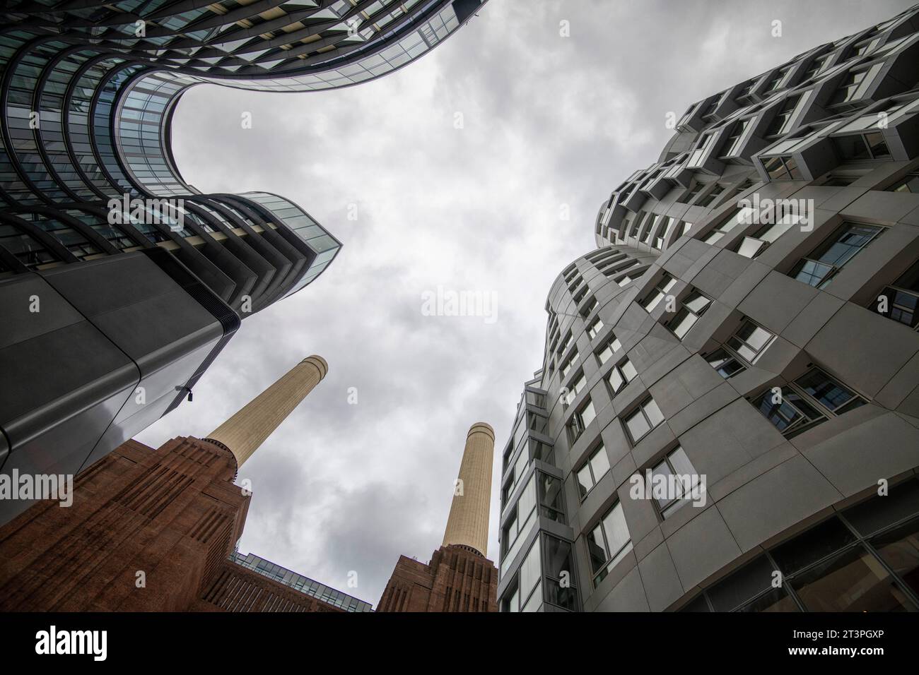 Wide angle looking up at famous chimneys at the new Battersea Power ...