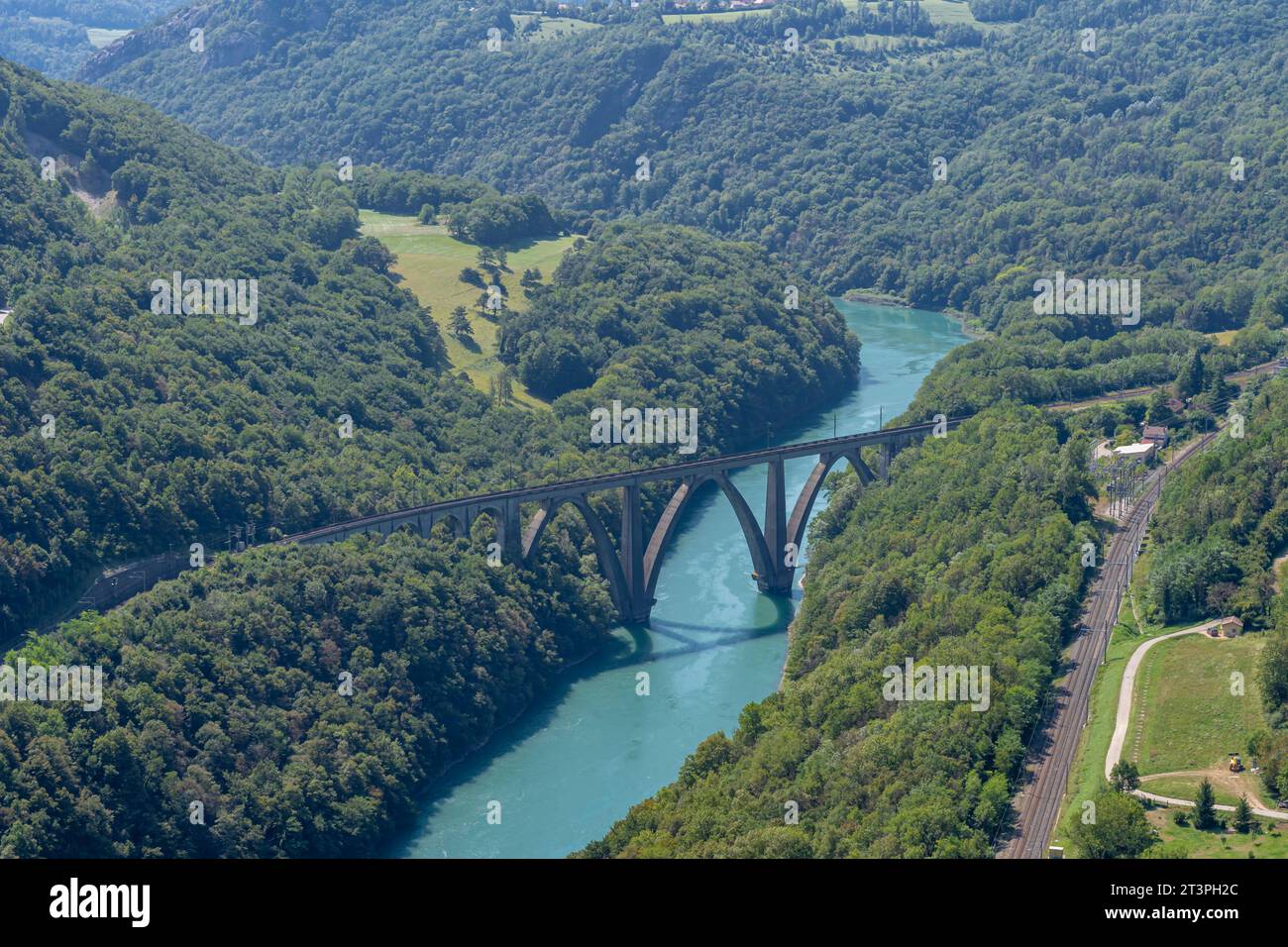 View from the upper fort of the plain with forest, Rhone river, the ...