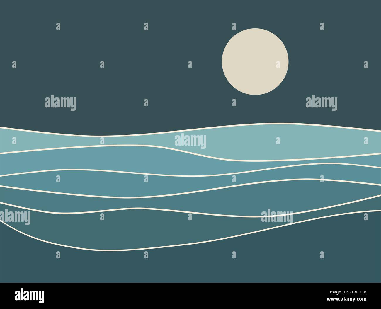 Full Moon Night Blue Ocean Wave landscape, dark seascape, boho 70's ...