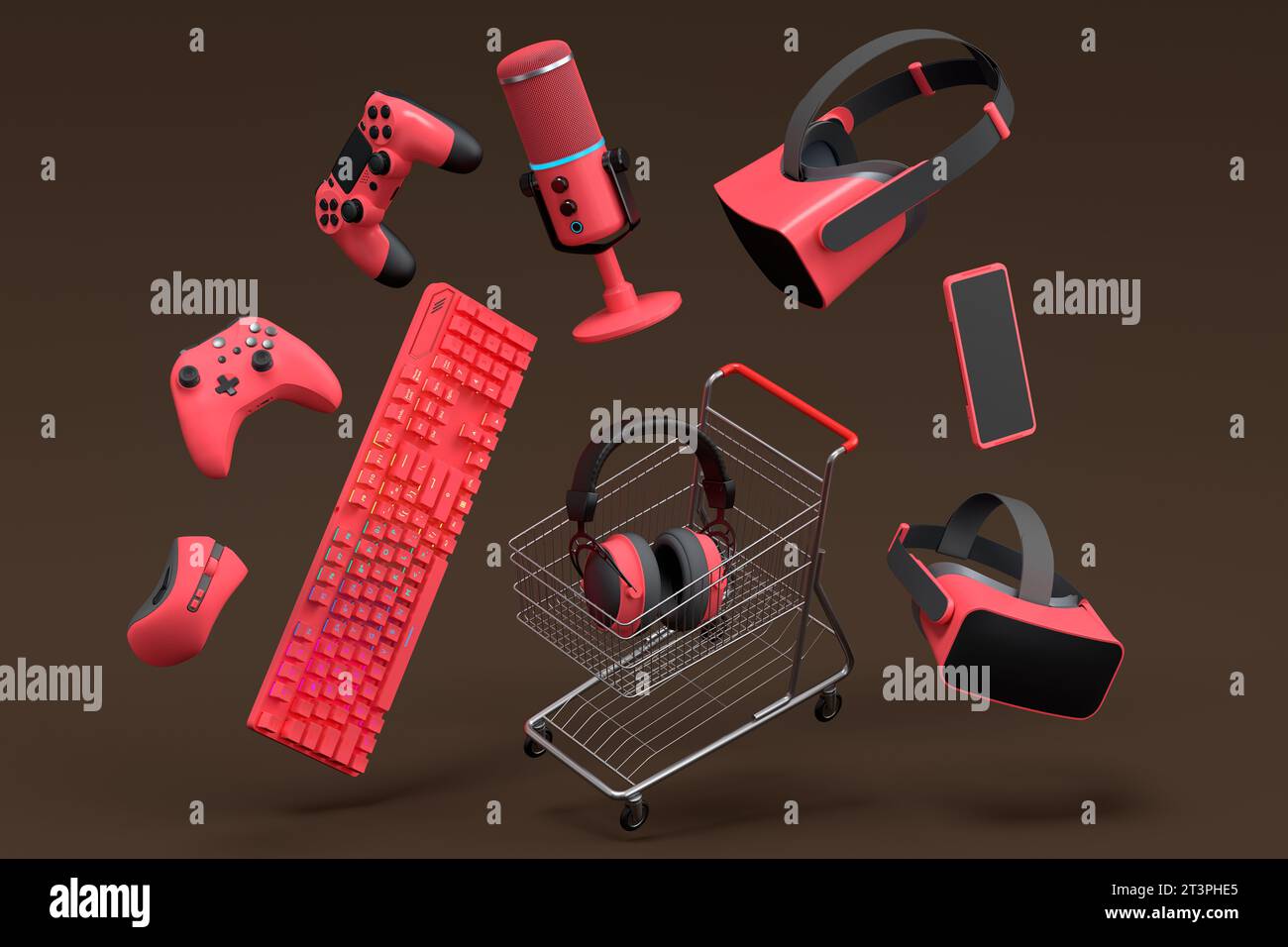 Flying gamer gears like mouse, keyboard, joystick, headset, VR Headset ...