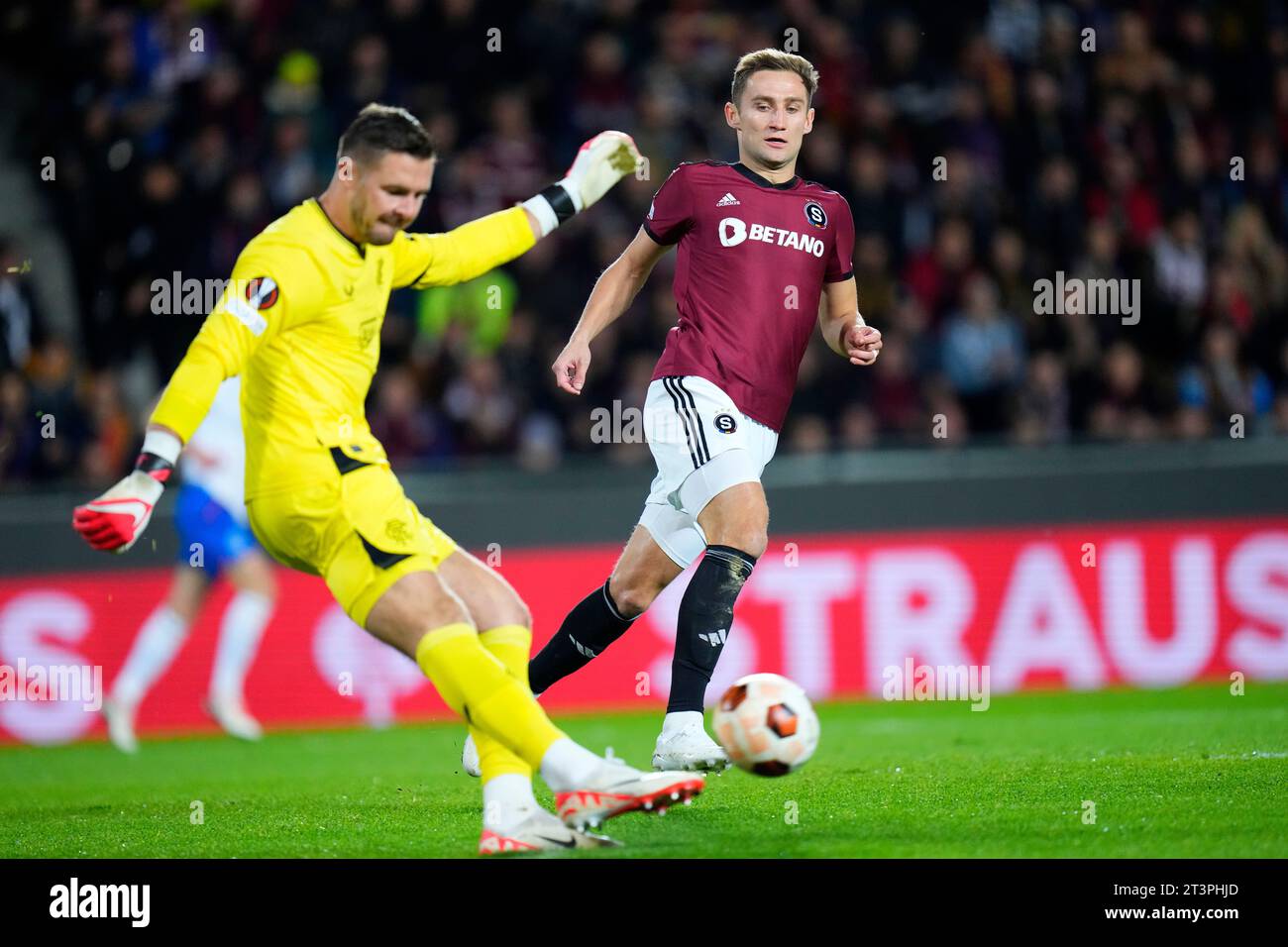 Sparta's Jan Kuchta, right, watches as Rangers' goalkeeper Jack Butland ...