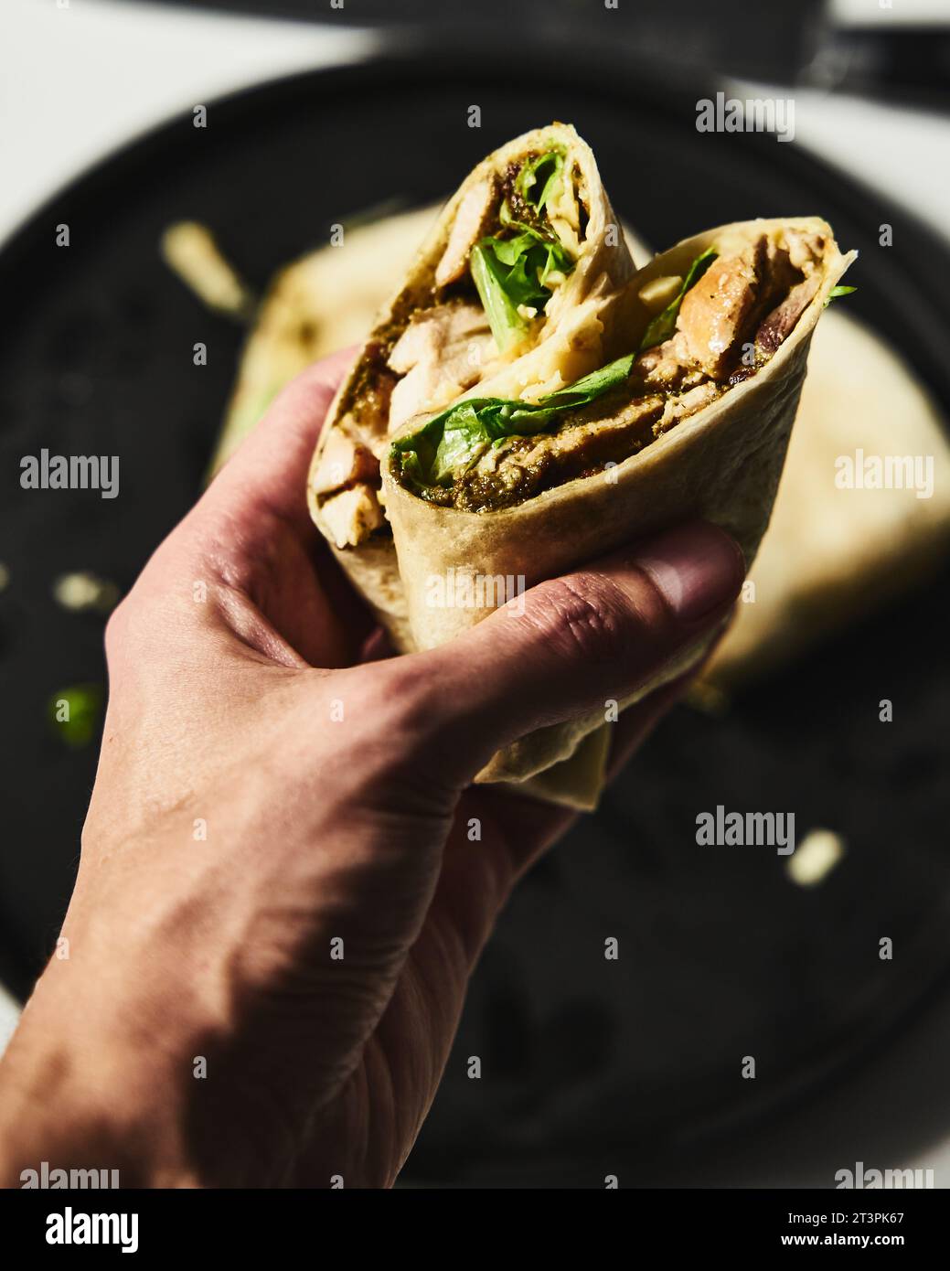 Chicken Pesto Wrap with Cheddar cheese and lettuce Stock Photo - Alamy