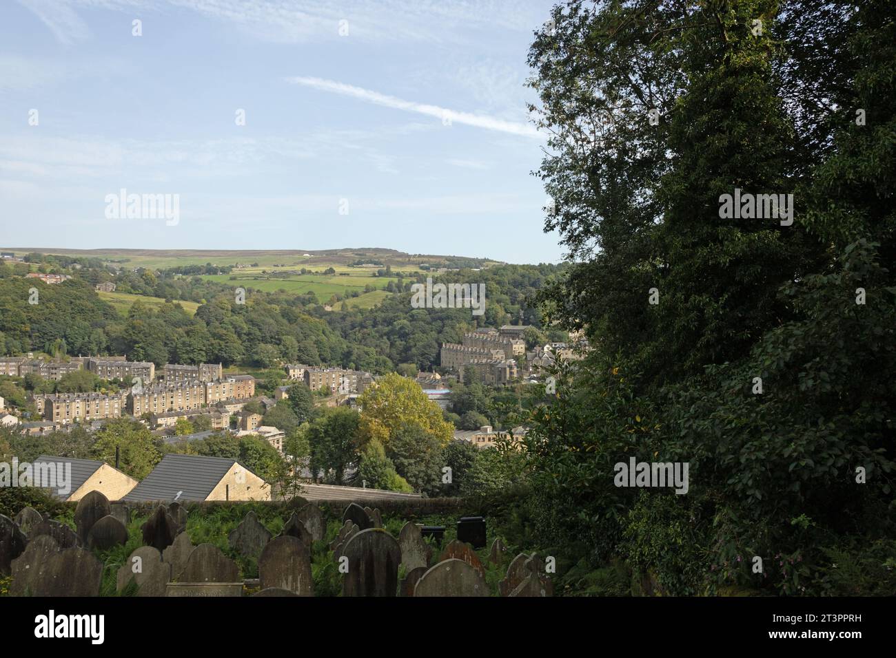 Terraced houses Hebden Bridge viewed from the Buttress a packhorse ...