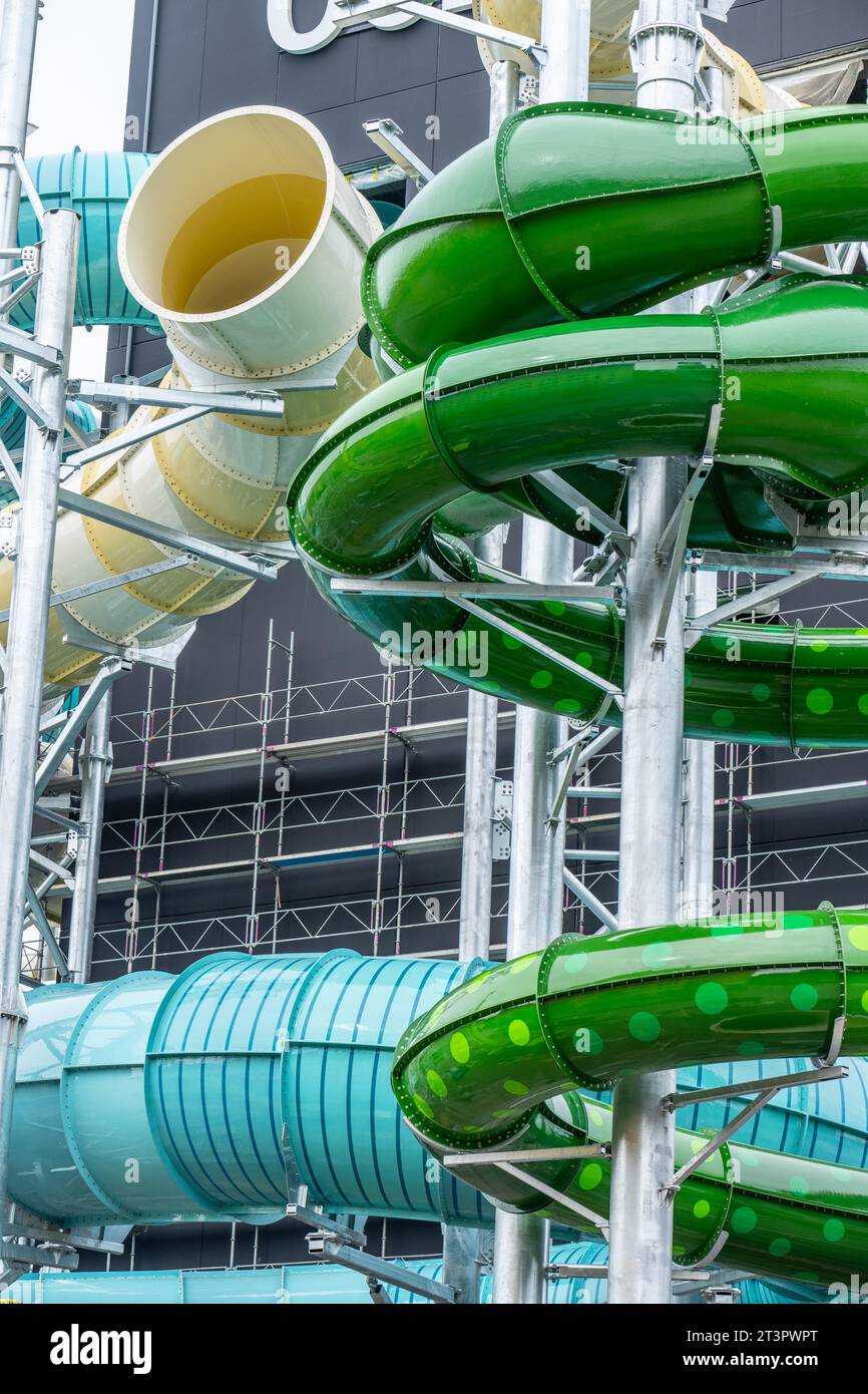 Water slides of a water park under construction Stock Photo - Alamy