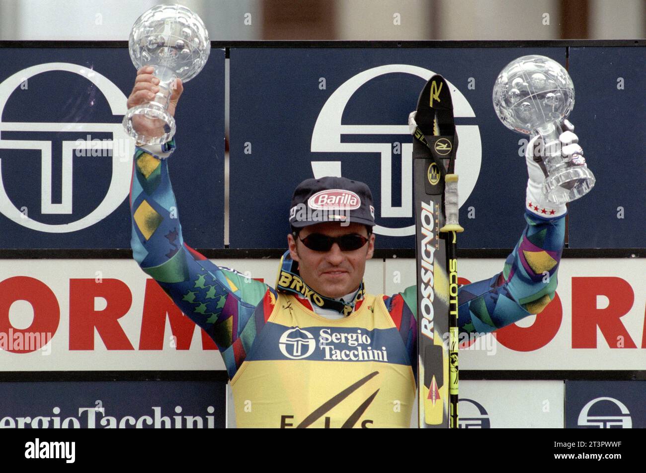 Italy Bormio 1995-03-18: Alberto Tomba, Italian skier, lifts the ...