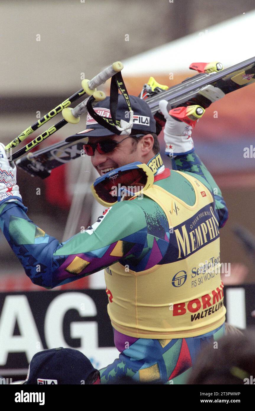 Italy Bormio 1995-03-18: Alberto Tomba, Italian skier, at the finish ...