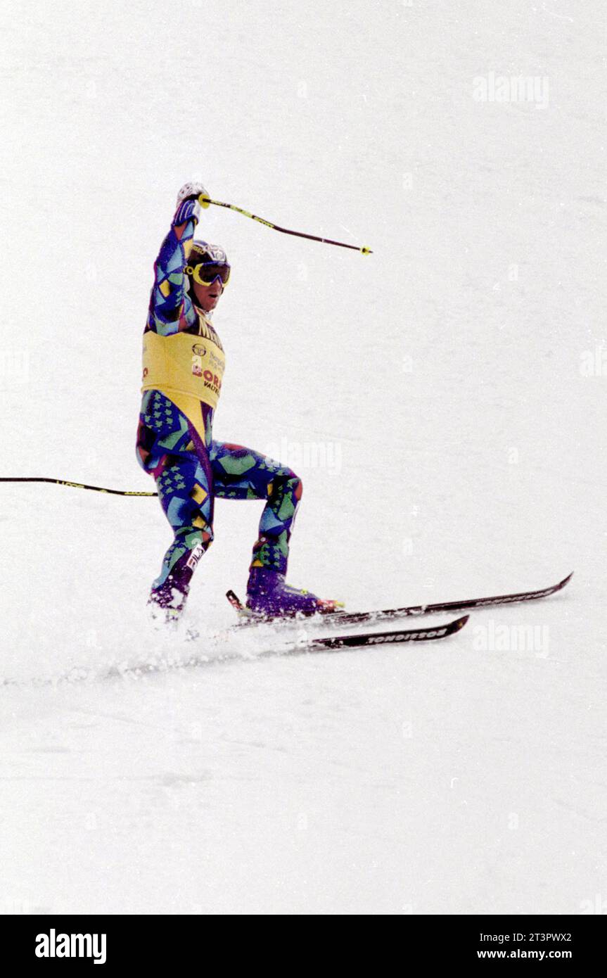 Italy Bormio 1995-03-18: Alberto Tomba, Italian skier, at the finish ...