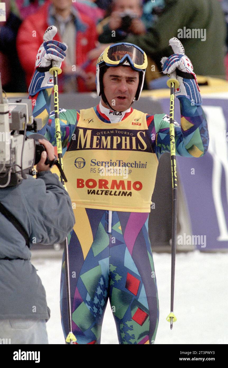 Italy Bormio 1995-03-18: Alberto Tomba, Italian skier, at the finish ...