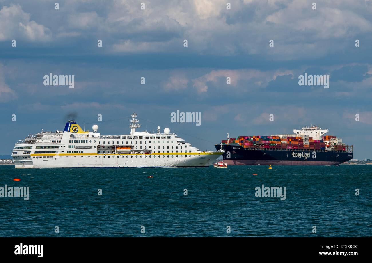 large ocean passenger liner passing huge container ship in the busy ...