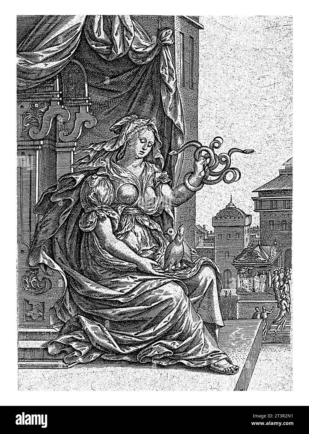 A woman sits on a dais, above her a drapery. On her lap is a pair of ...