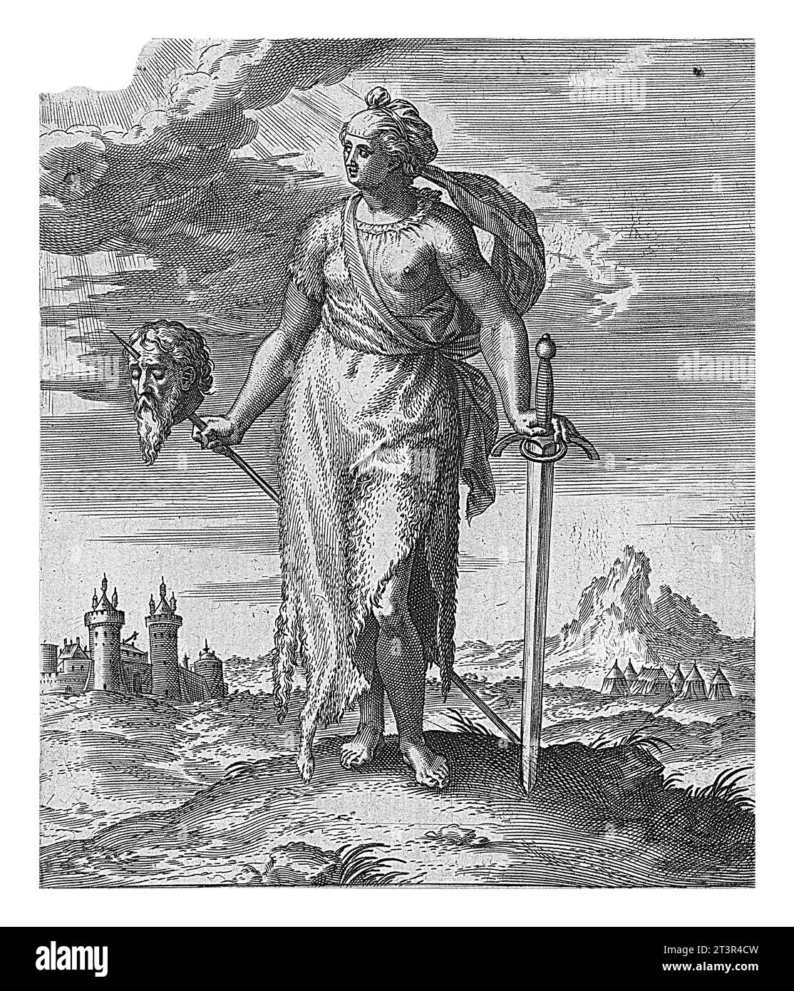 Landscape with Judit. In one hand the sword, in the other the head of ...