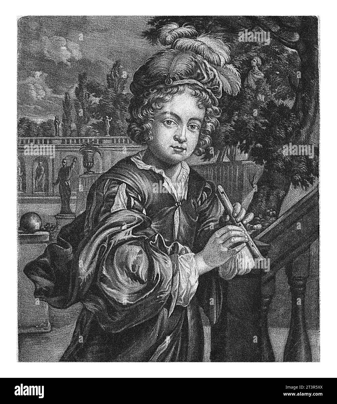 Flute player, Jan Broedelet, 1690 - 1700 In a garden with classical ...