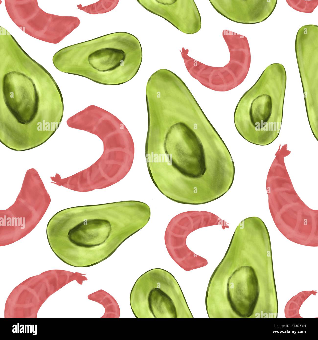 Watercolor seamless pattern with shrimp and avocado. Healthy eco food ...
