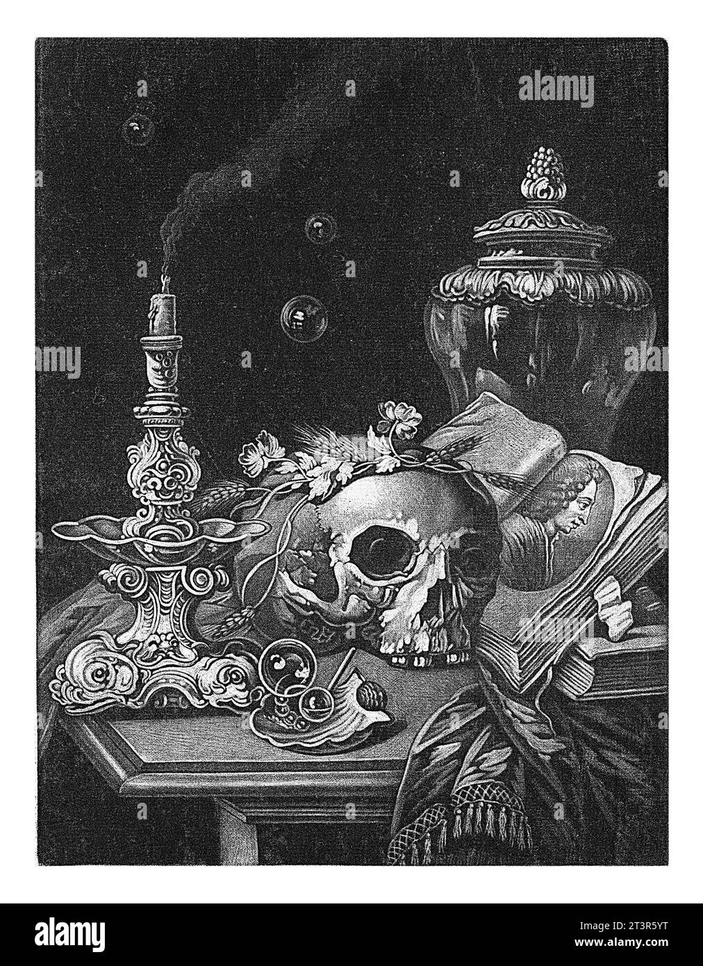 Vanitas still life with a flower-wreathed skull, Pieter Schenk (I ...