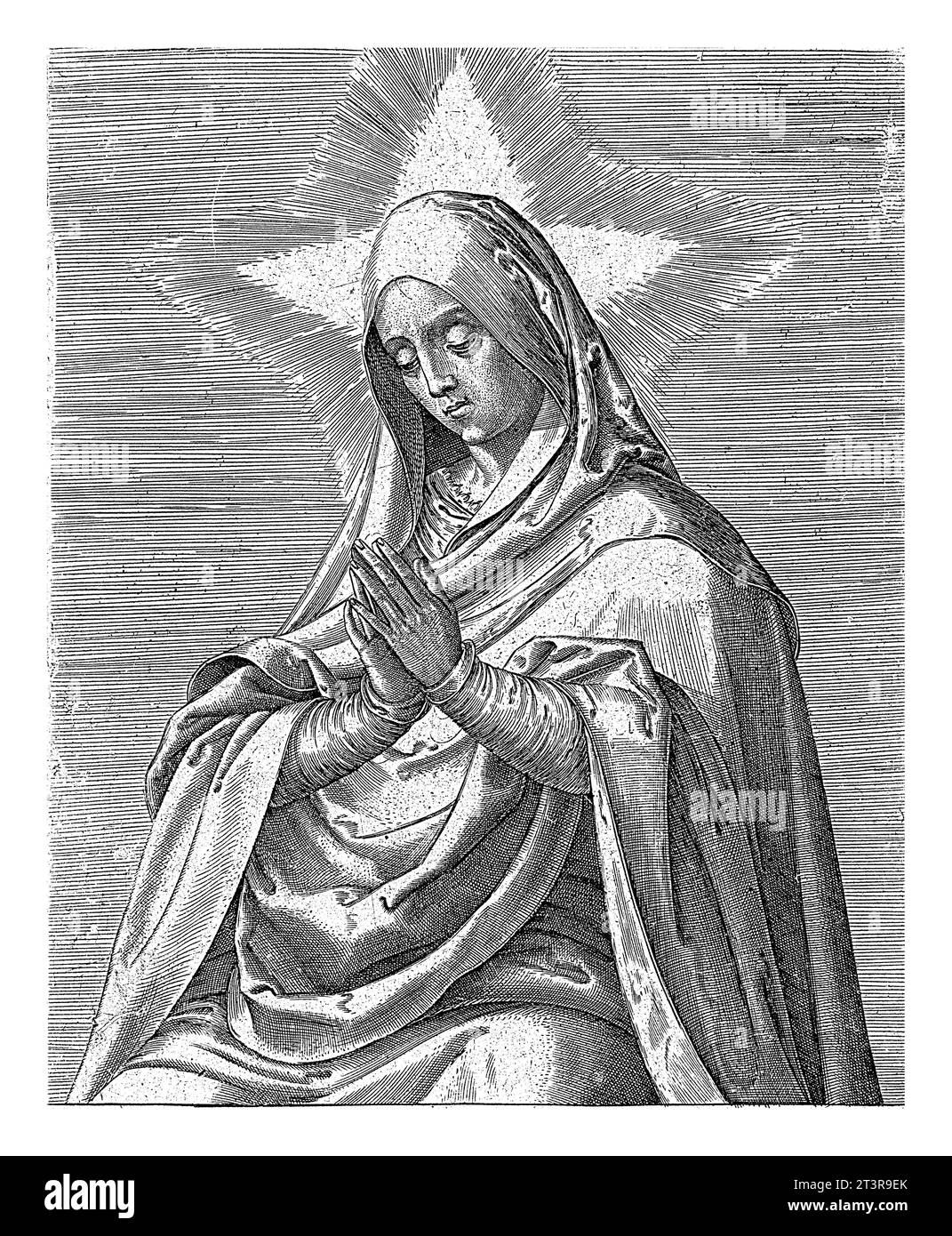 Mary has folded her hands in prayer. In the margin a two-line caption ...