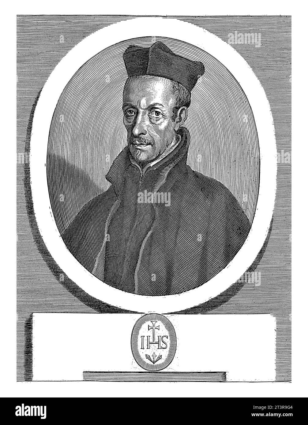 He wears a biretta. In the frame below his portrait the monogram of the ...