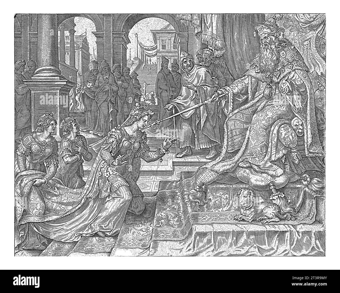 Esther before Ahasuerus, Philip Galle, 1564, Esther kneels before King ...