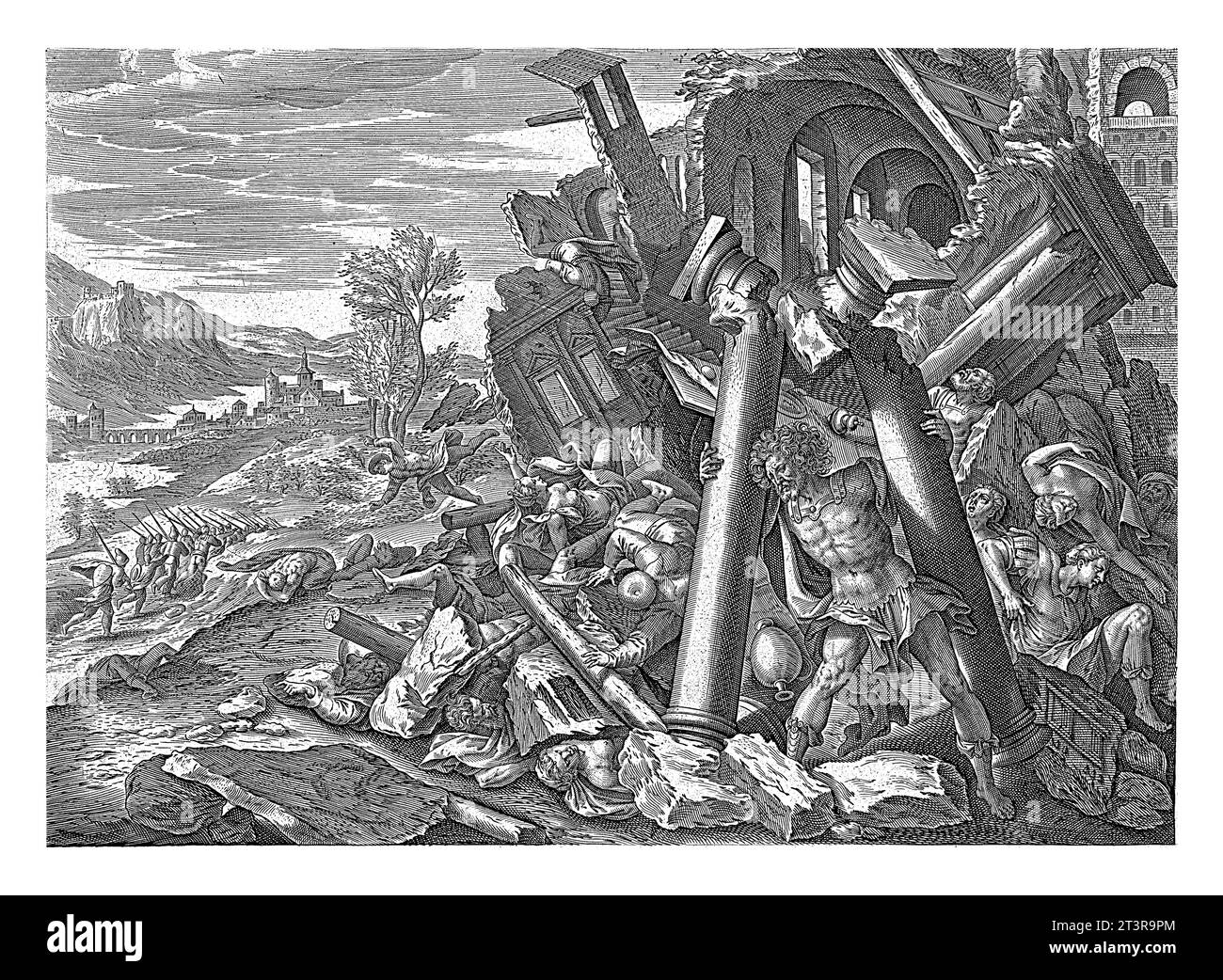 Samson destroys the columns of the temple, Antonie Wierix (II), after ...
