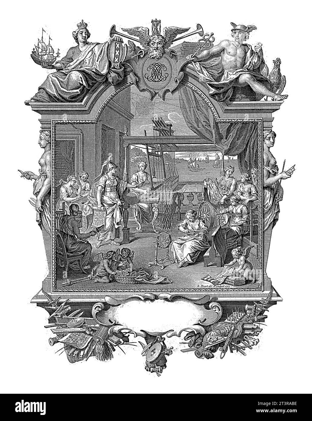 Minerva runs a weaving mill, Bernard Picart, 1717 Minerva visits women ...