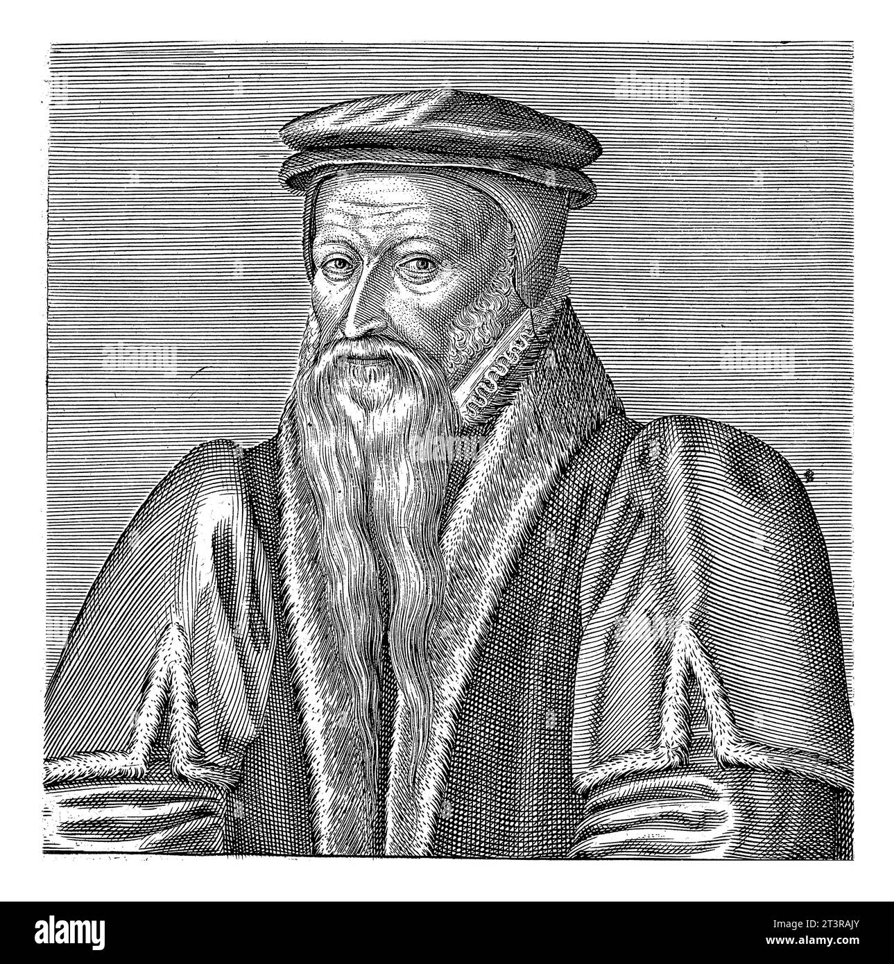 Portrait of Theodorus Beza, Hendrick Hondius (I), 1599 Bust to the left ...