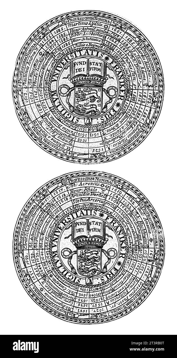 Seals of the University of Franeker, with names of the professors and ...