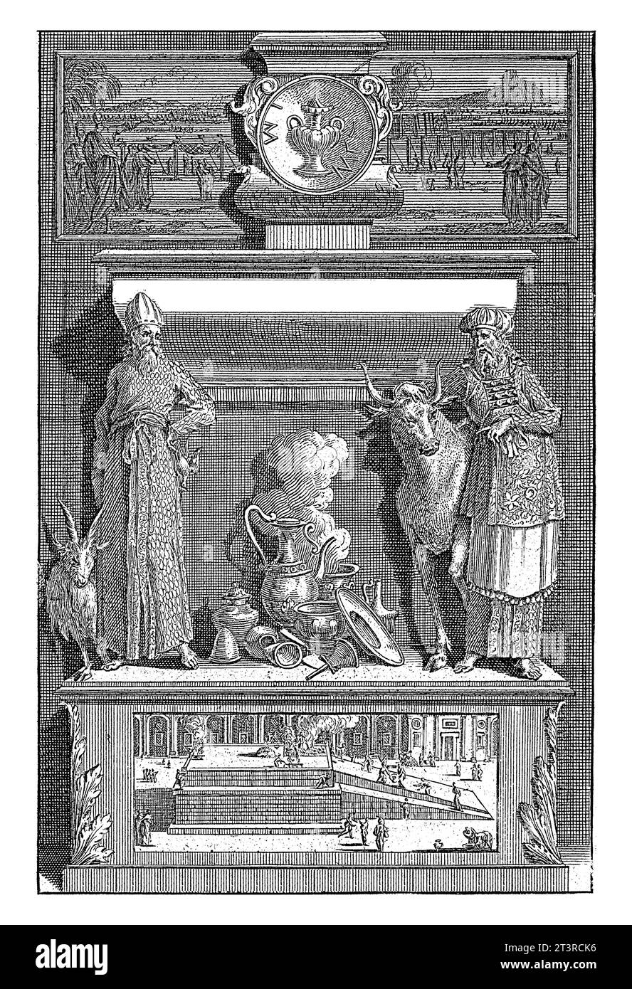 In the middle a pedestal with a representation of an offering ceremony ...