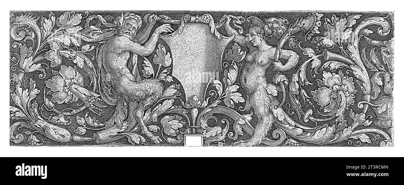 Frieze with a Shield Worn by a Male and a Female Satyr, Jacob Binck ...