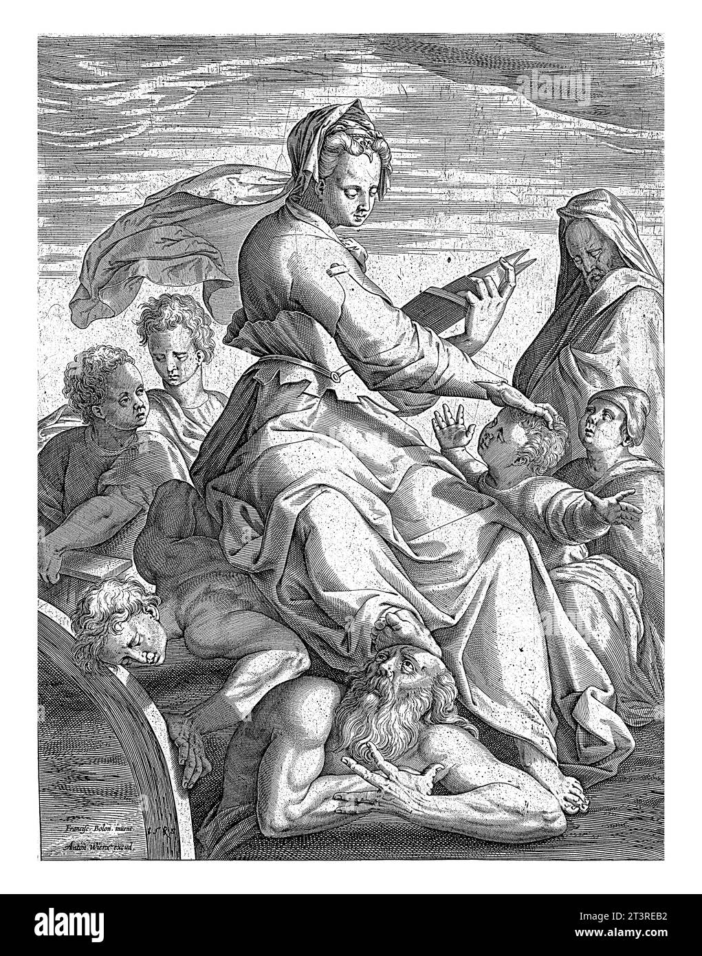 The female personification of Grammar, an open book in hand, surrounded ...