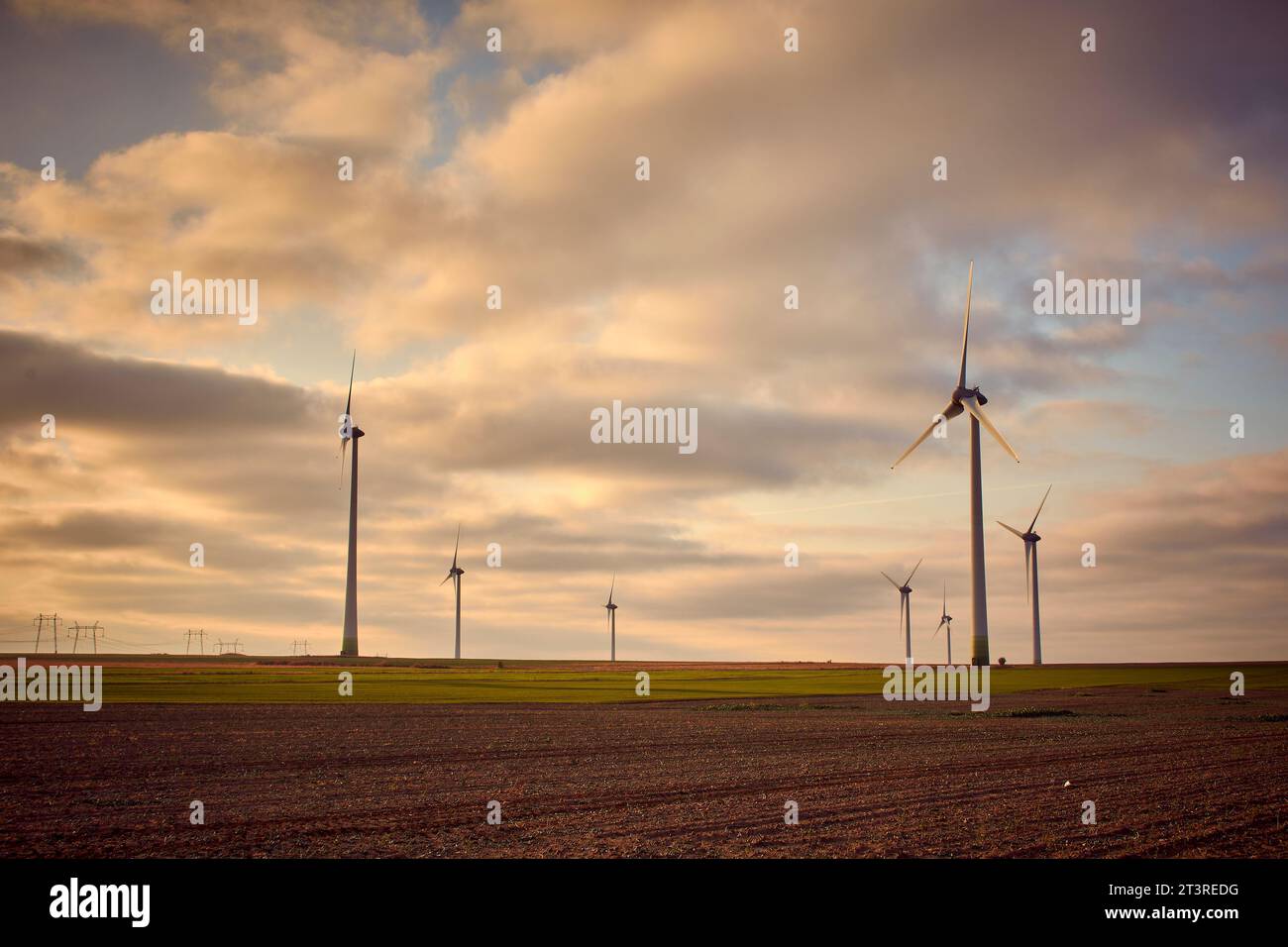 wind farm at sunrise in Romania Stock Photo - Alamy