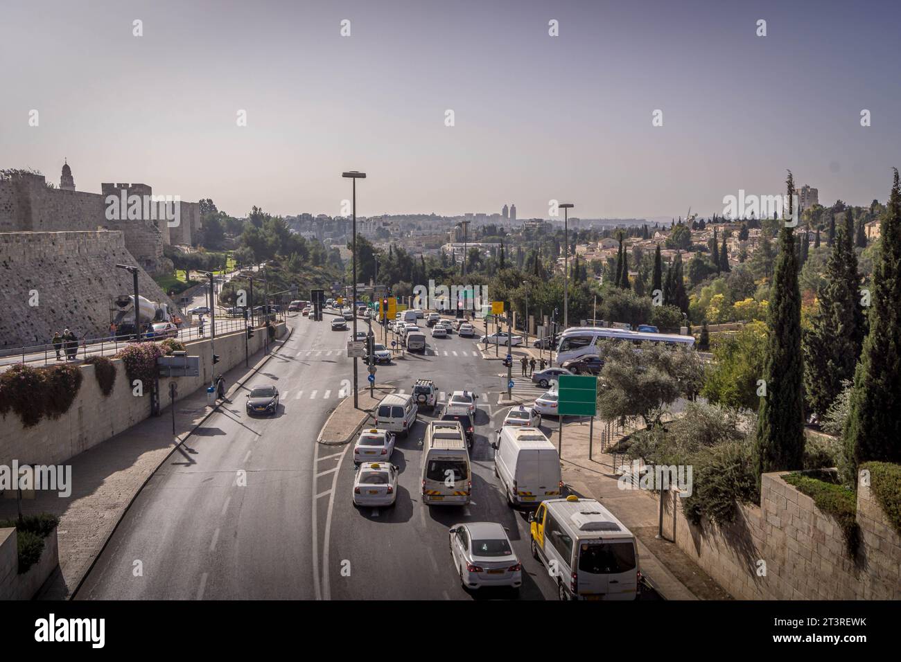 The cars traffic on the highway road along the walls of Jerusalem Old ...