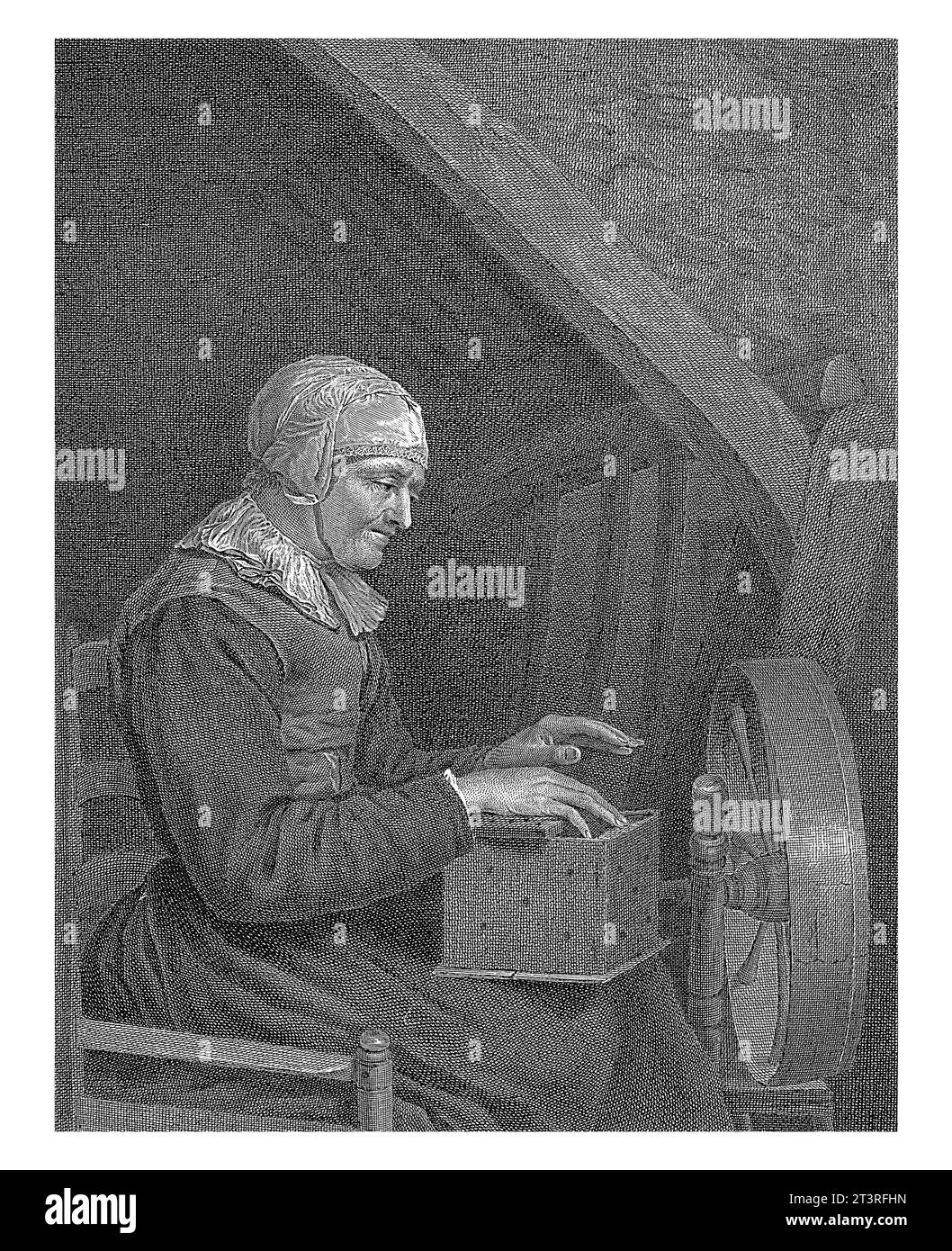 Old woman at a spinning wheel, Pierre Francois Basan, after Quiringh ...