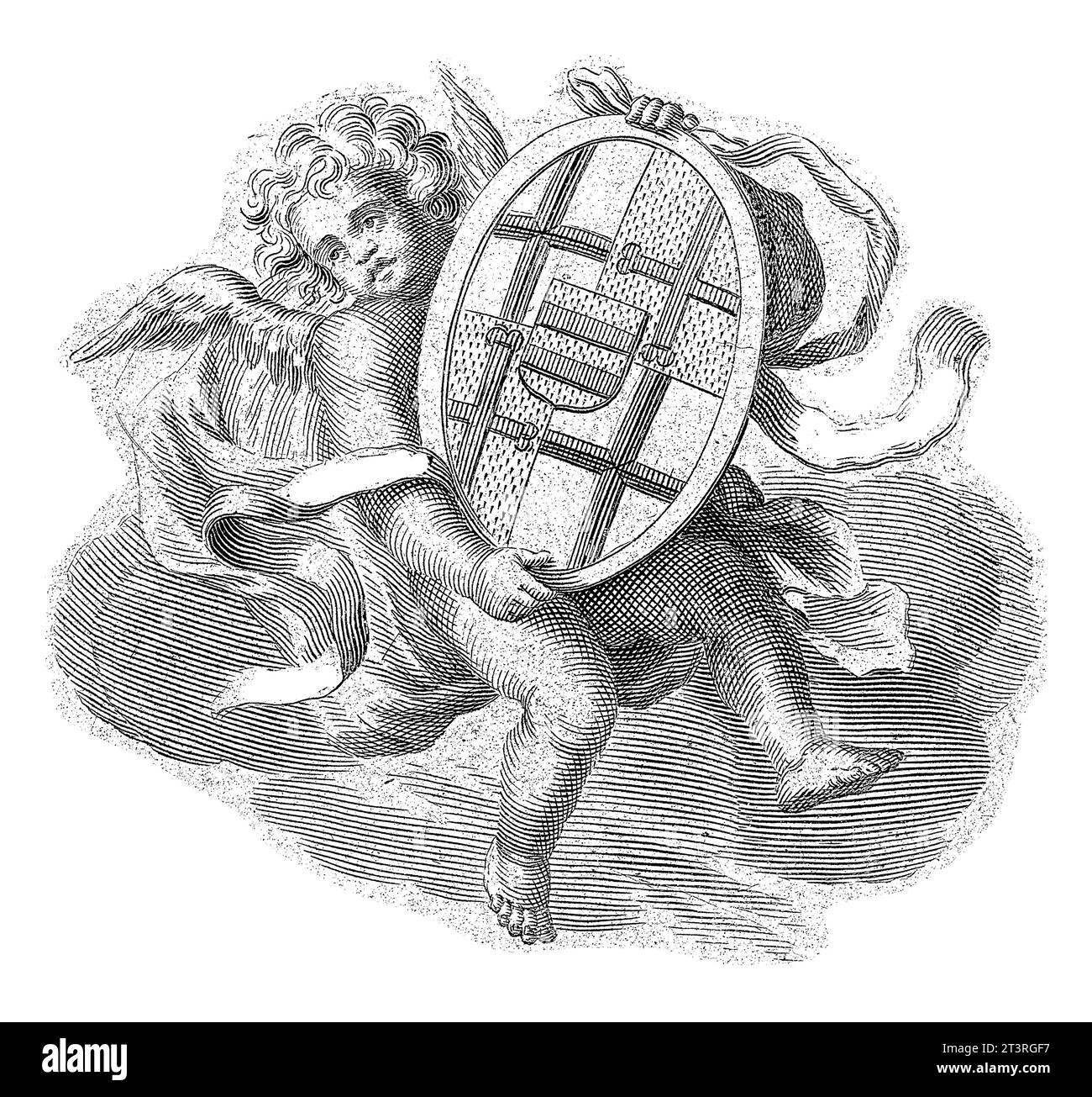 Cherub with weapon, Gerard Edelinck, 1652 - 1707 A cherub holds an oval ...