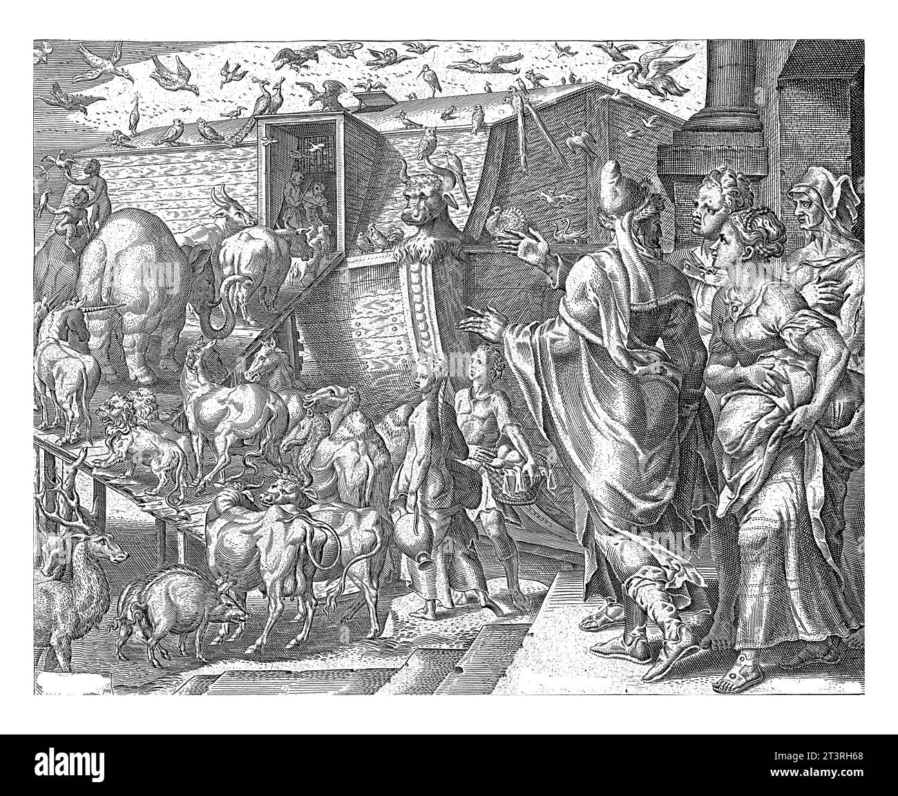 Noah and his family and the animals board the ark, Cornelis Cort, after ...
