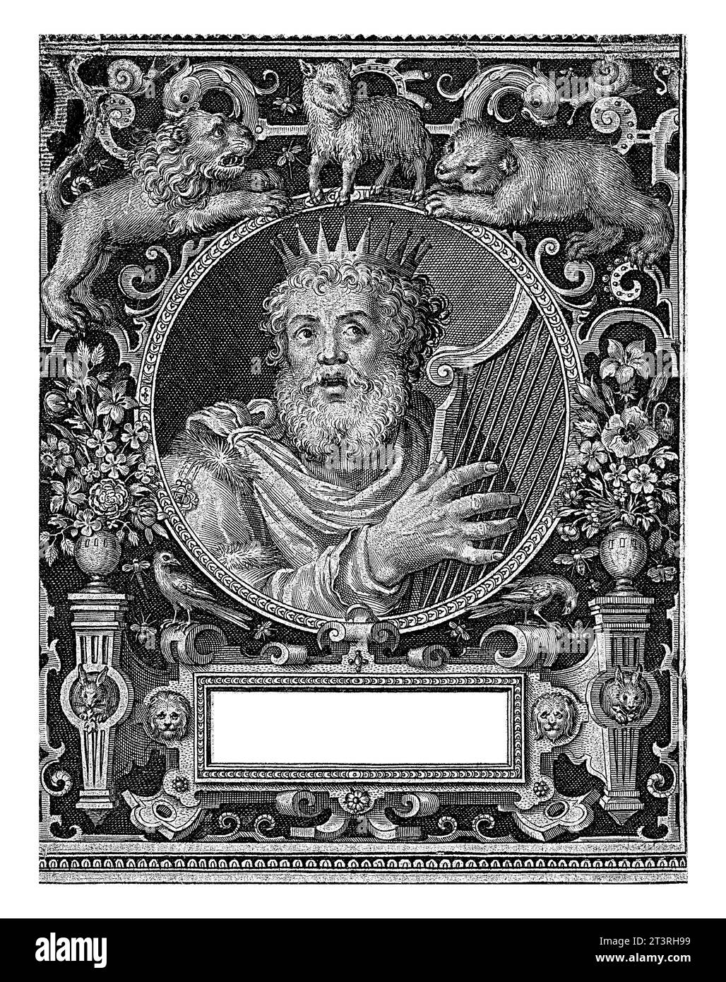 Portrait of King David in medallion inside rectangular frame with ...