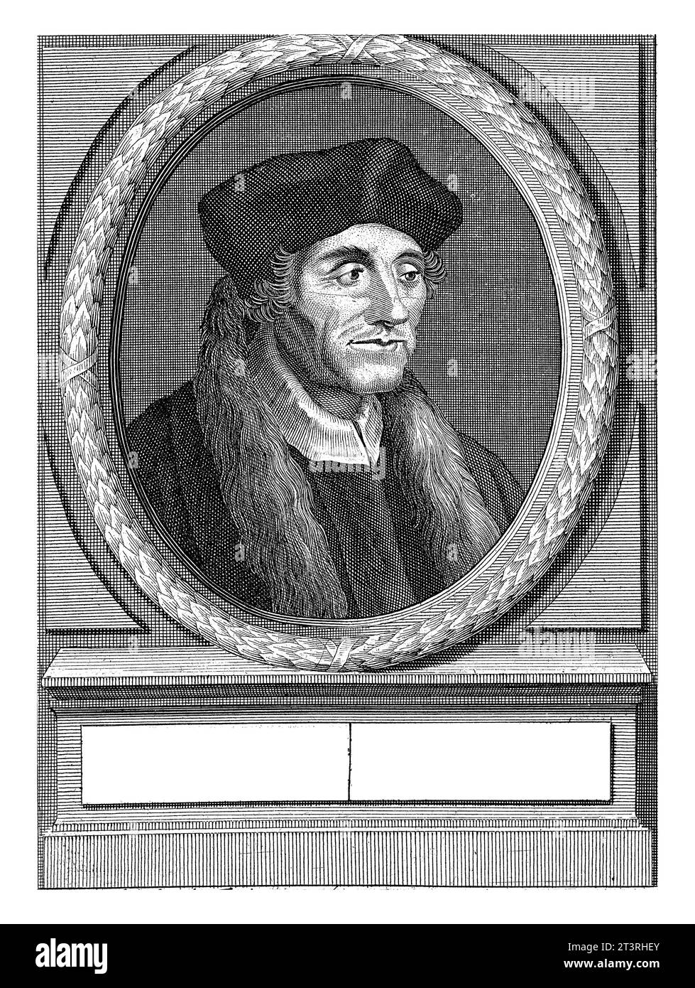 Portrait bust in oval to the right of Desiderius Erasmus, wearing a ...