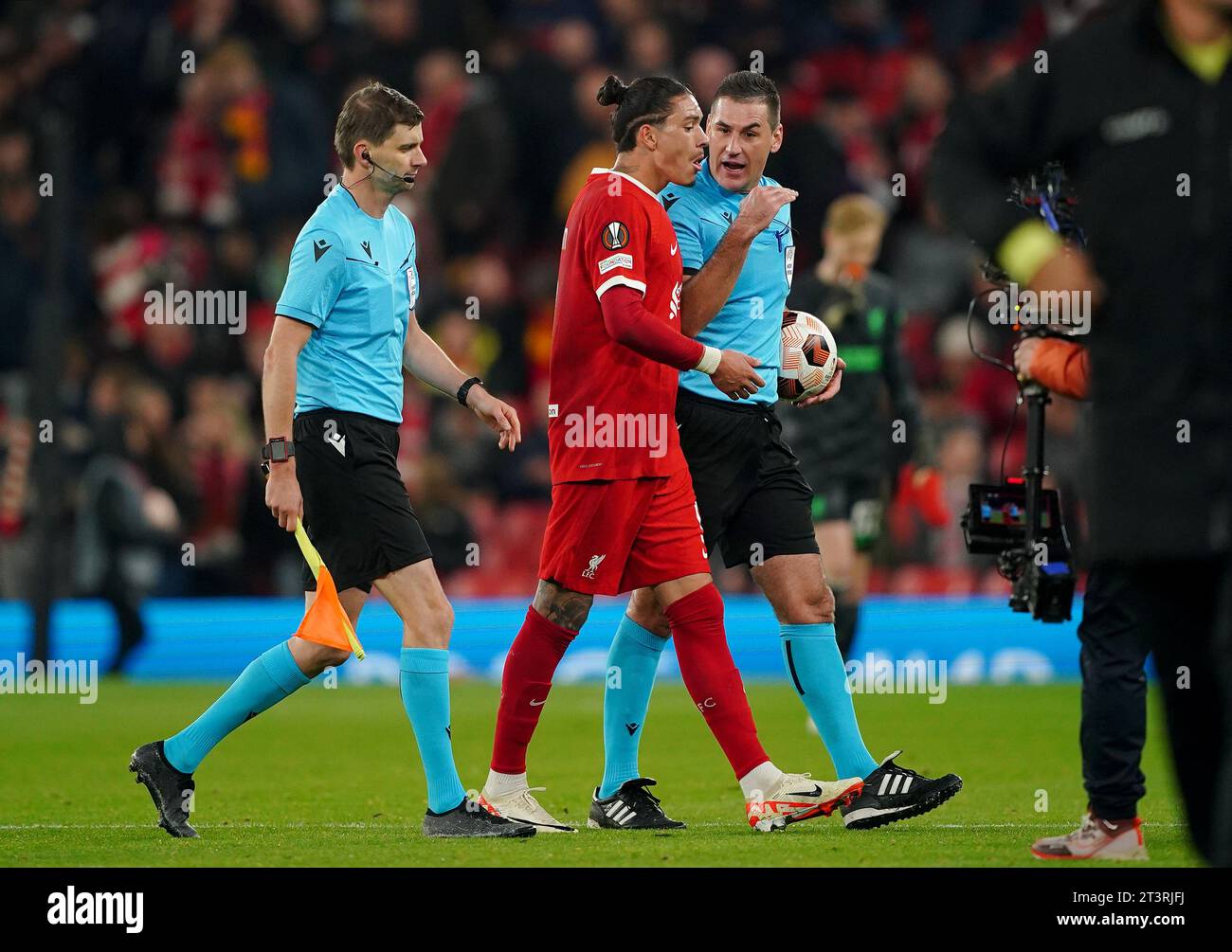 Liverpool's Darwin Nunez speaks to referee Rade Obrenovic at half-time ...