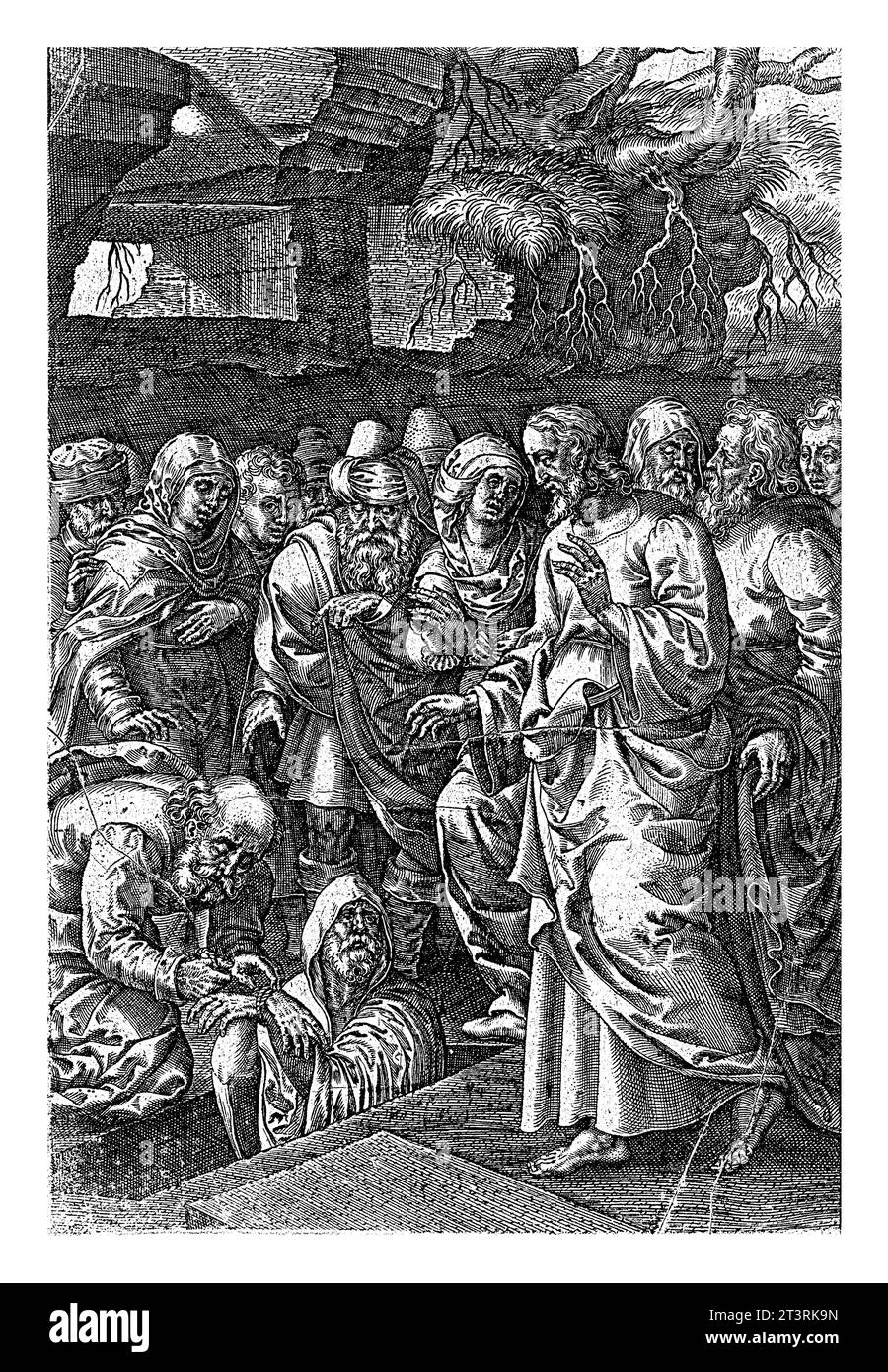 Raising of Lazarus, Johannes Wierix, after Pieter van der Borcht (I), 1573 Christ stands in the ...