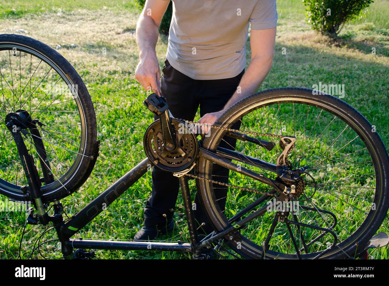 man standing and repairing bicycle. Summer in green park. He is behind ...