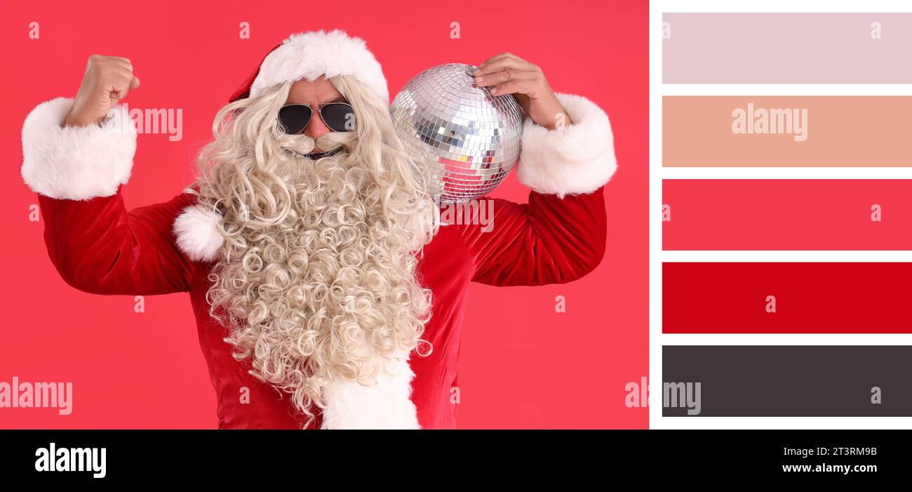 Cool Santa Claus with disco ball on red background. Different color ...