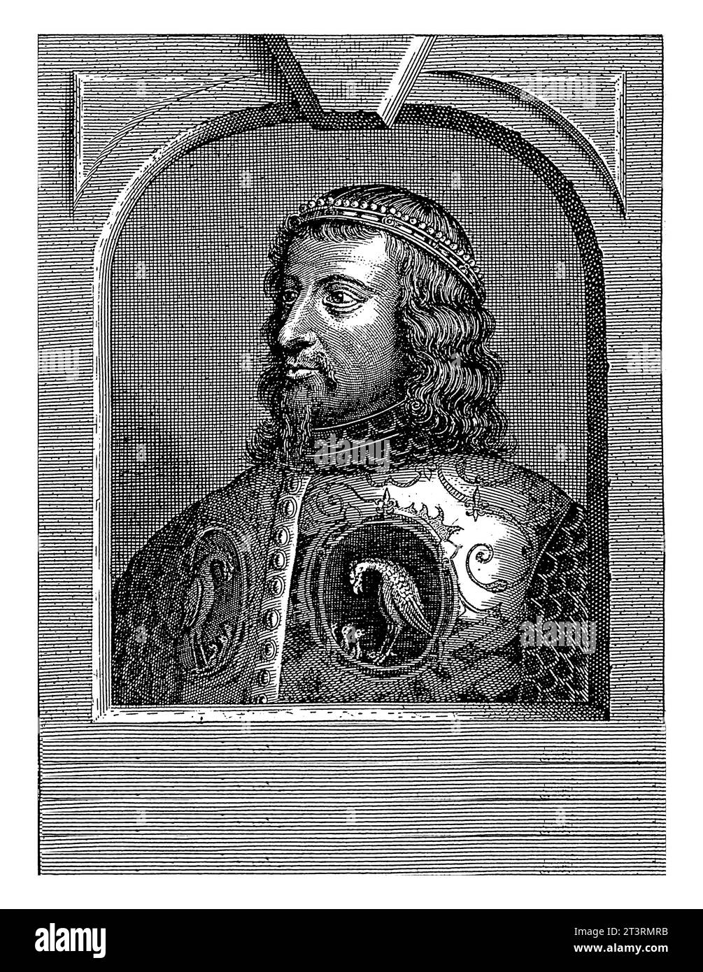 Bust portrait of Louis of Male, to the left. A bird with three young is ...