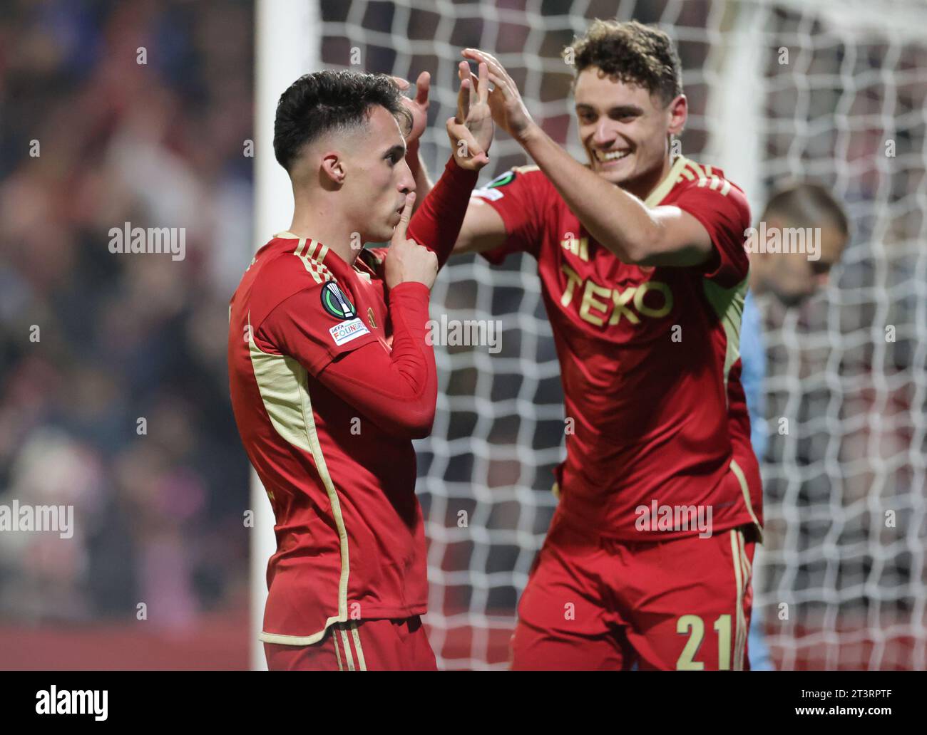 Aberdeen's Bojan Miovski (left) celebrates scoring the opening goal ...