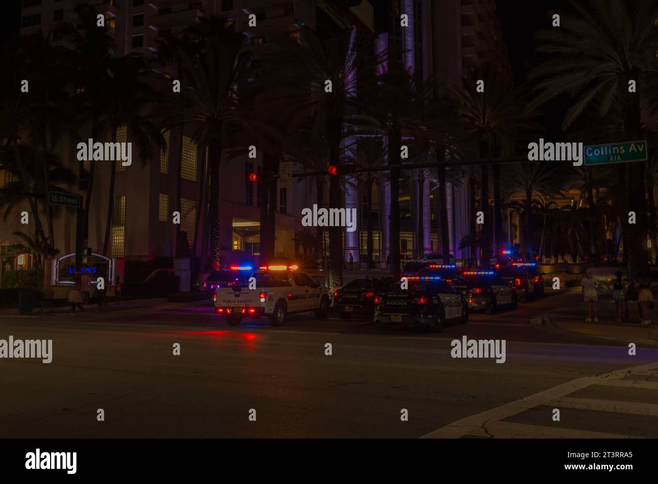Night view of Collins Avenue with multiple police cars their flashing ...