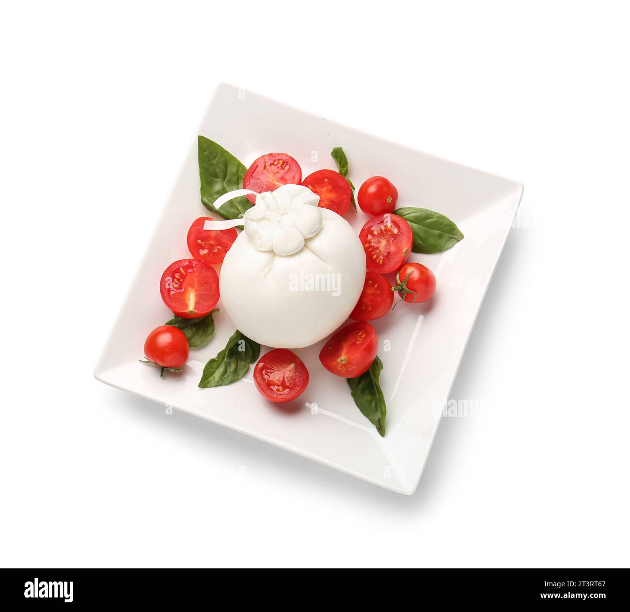 Plate with tasty Burrata cheese on white background Stock Photo - Alamy
