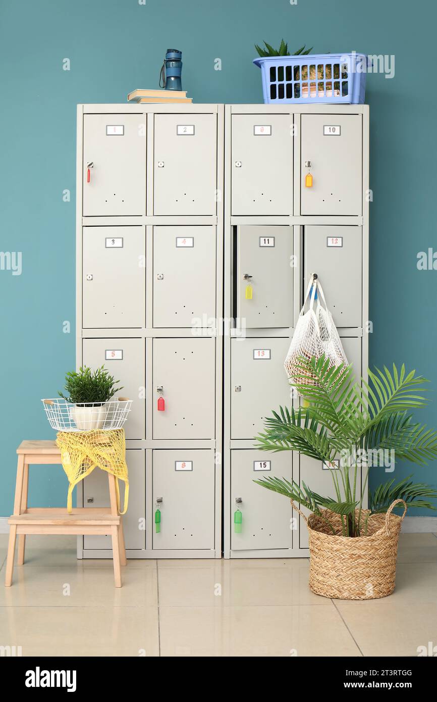 Modern locker and stepladder with plants near blue wall Stock Photo - Alamy